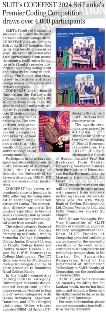 SLIIT 's CODEFEST 2024 Sri Lanka's Premier Coding Competition draws over 4,000 participants ...