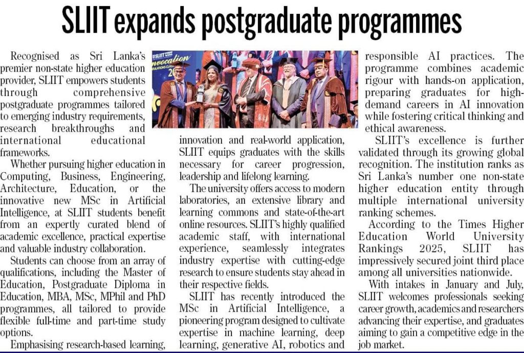 SLIIT expands Postgraduate programs – Daily News | SLIIT