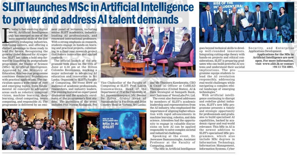 SLIIT launches MSc in Artificial Intelligence to power and address AI ...
